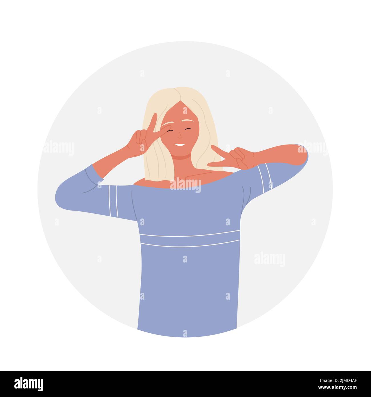 Partygoer girl showing victory gesture. Happy dancing party woman ...