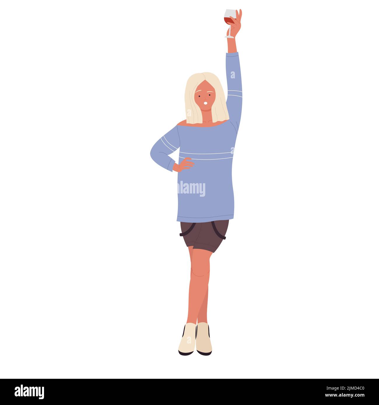 Partygoer girl posing with drink. Wine lover and female dancer vector ...