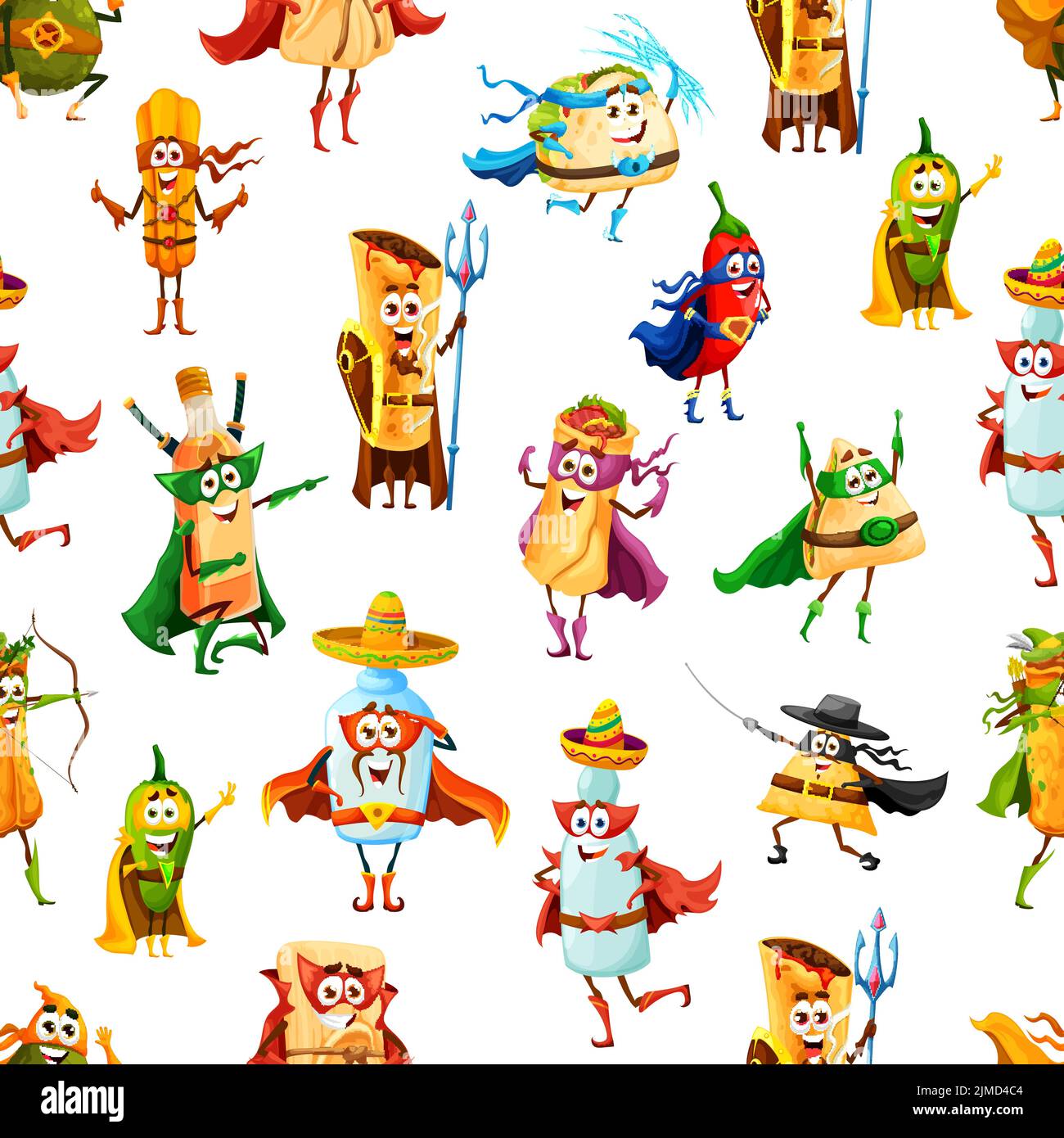 Tex Mex Mexican food superheroes and defenders seamless pattern, vector ...