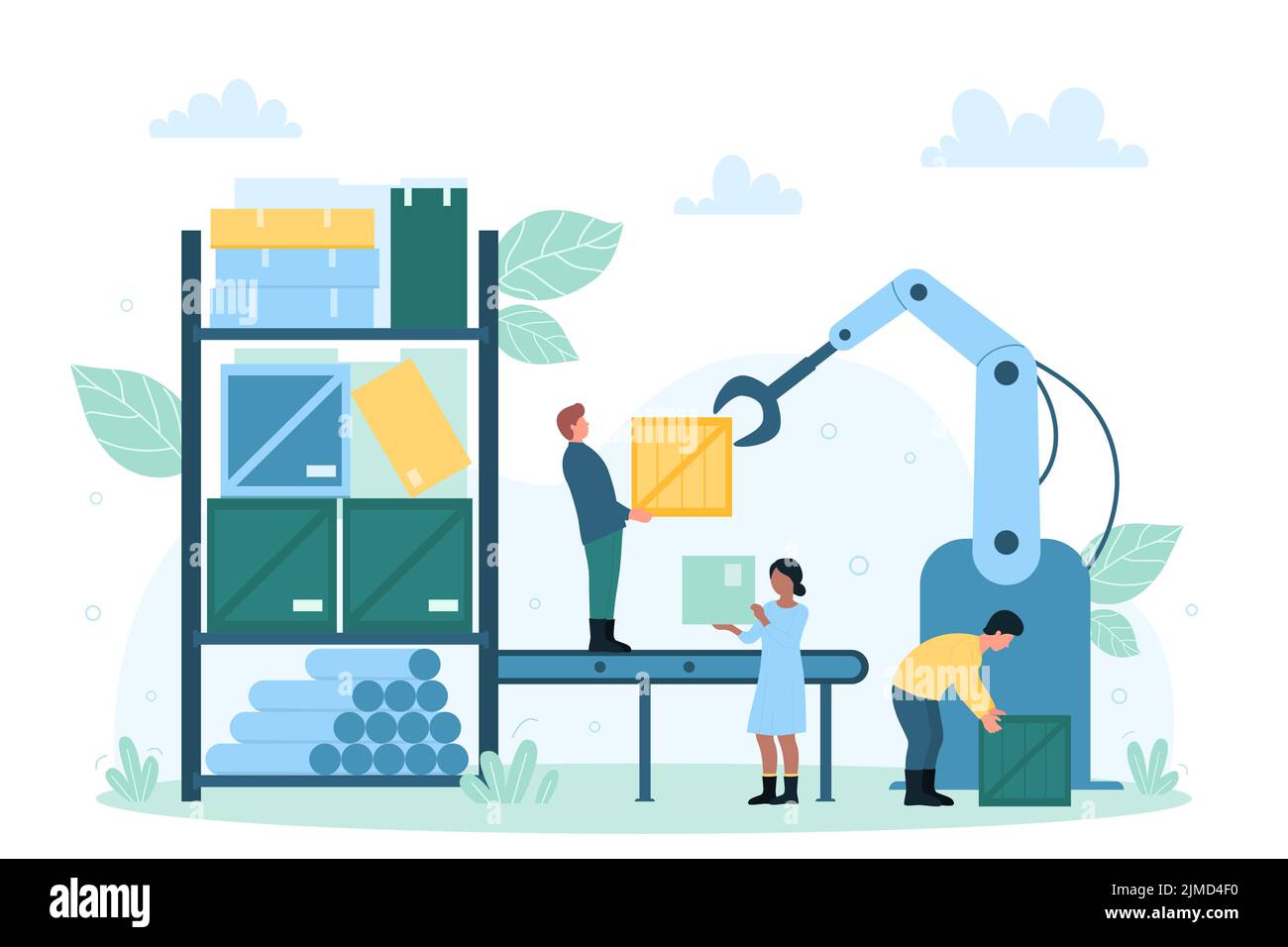Factory warehouse with automatic equipment vector illustration. Cartoon tiny people lift boxes ...