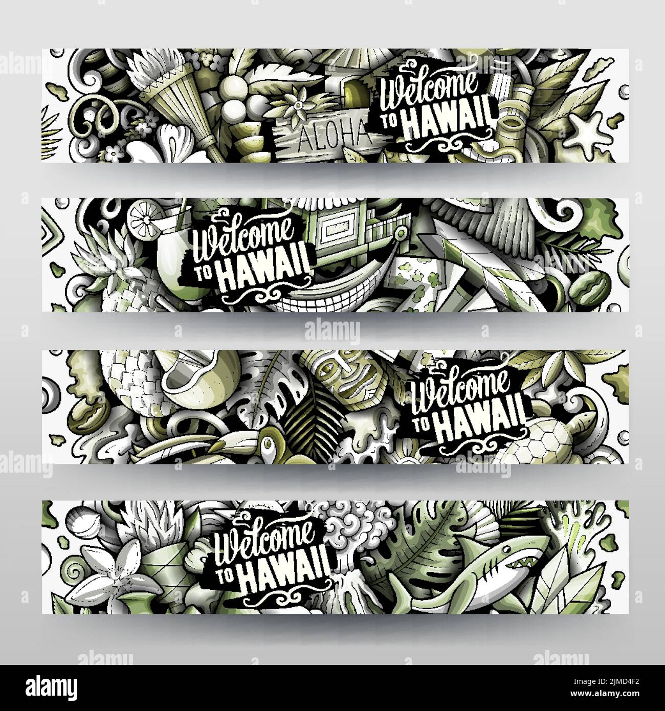 Cartoon cute doodles Hawaii horizontal banners set Stock Vector Image ...