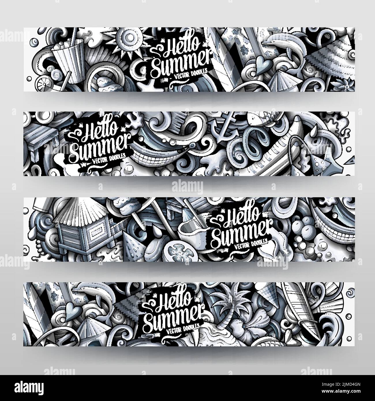 Cartoon cute doodles Summer Beach horizontal banners set Stock Vector ...