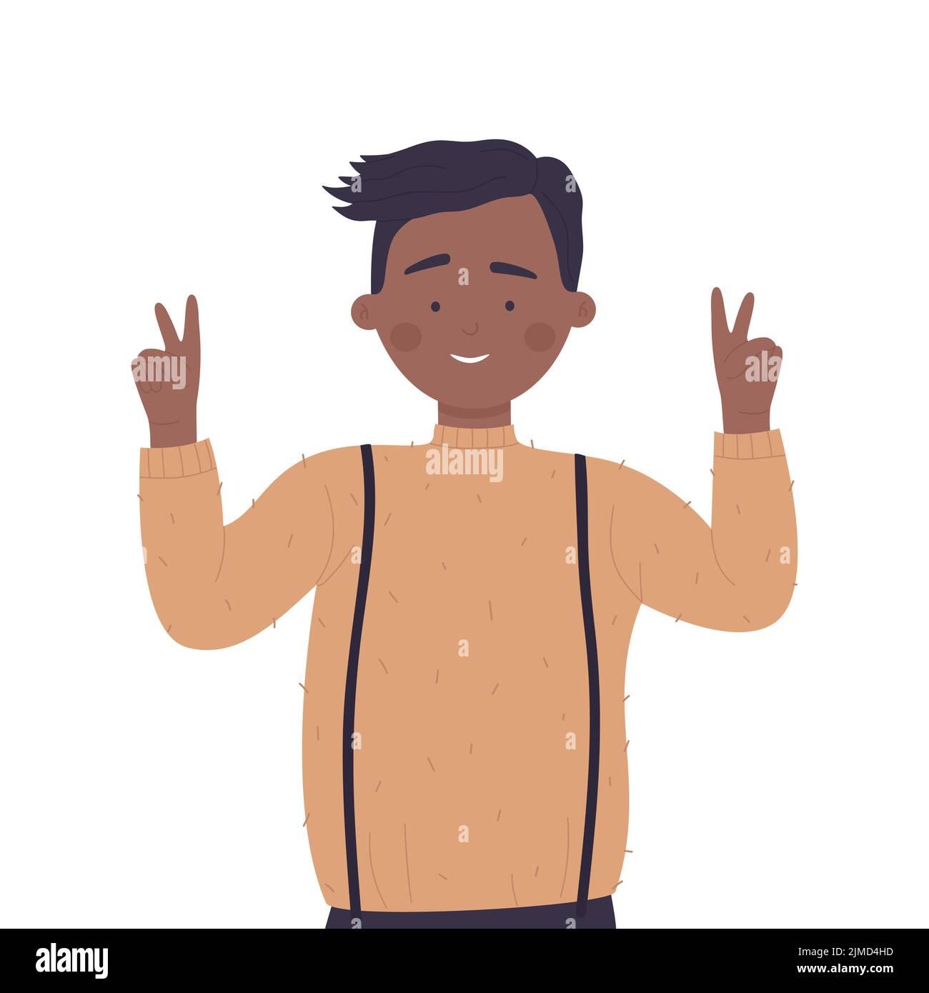 Little boy showing victory sign. Funny kid with hands gestures vector ...