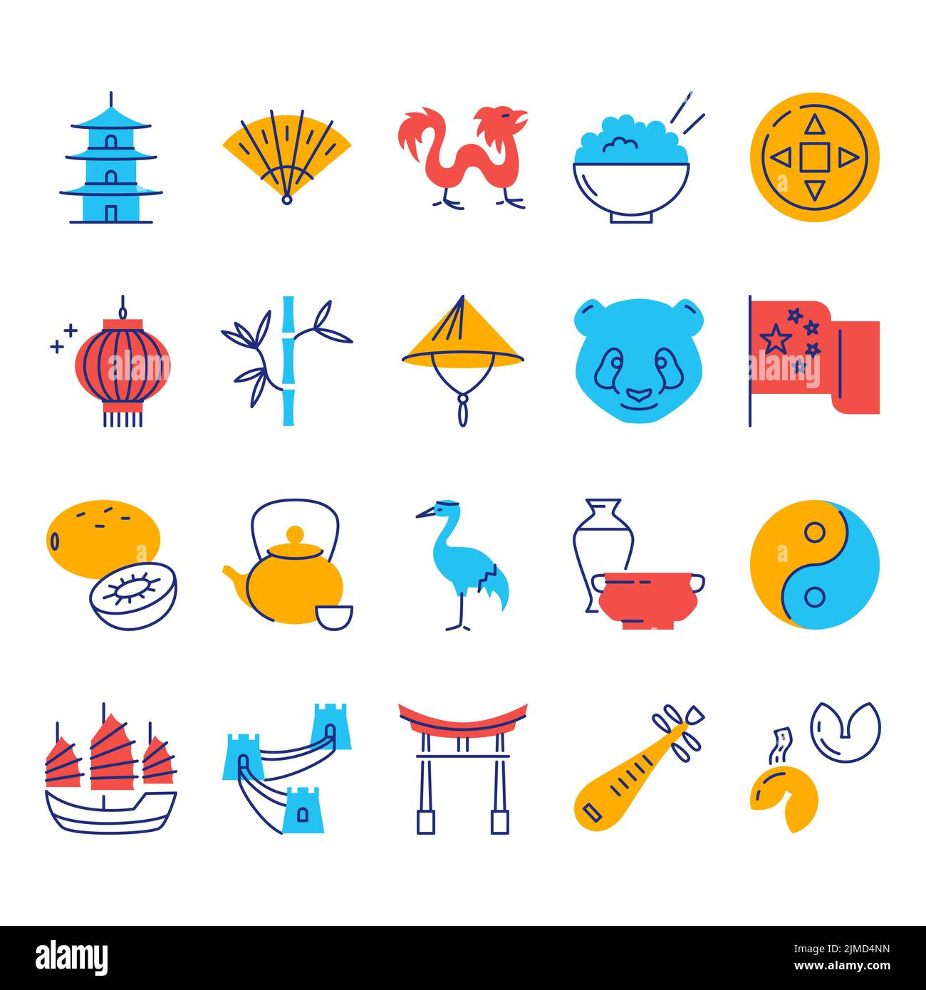 China icon set in colored line style. Chinese traditional symbols ...