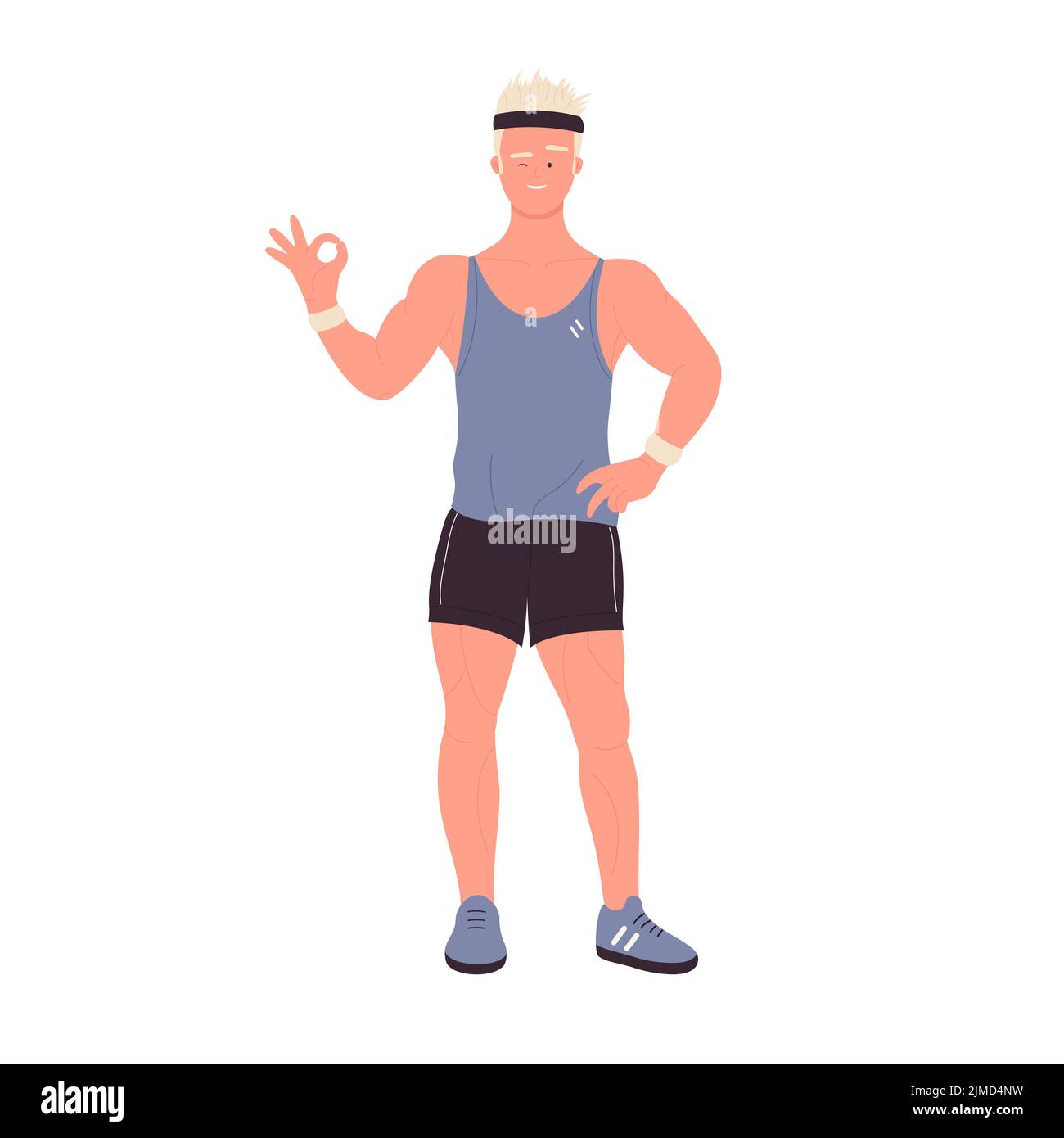 Standing trainer shows okay gesture. Happy muscular personal gym coach ...
