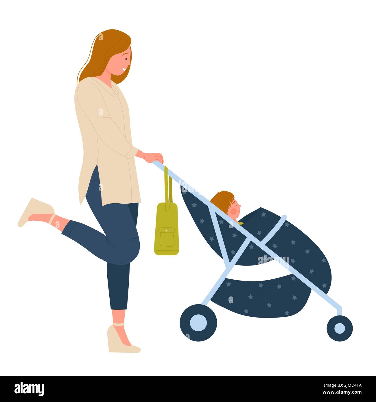 Young mother walking with baby stroller. Motherhood time, family moment ...