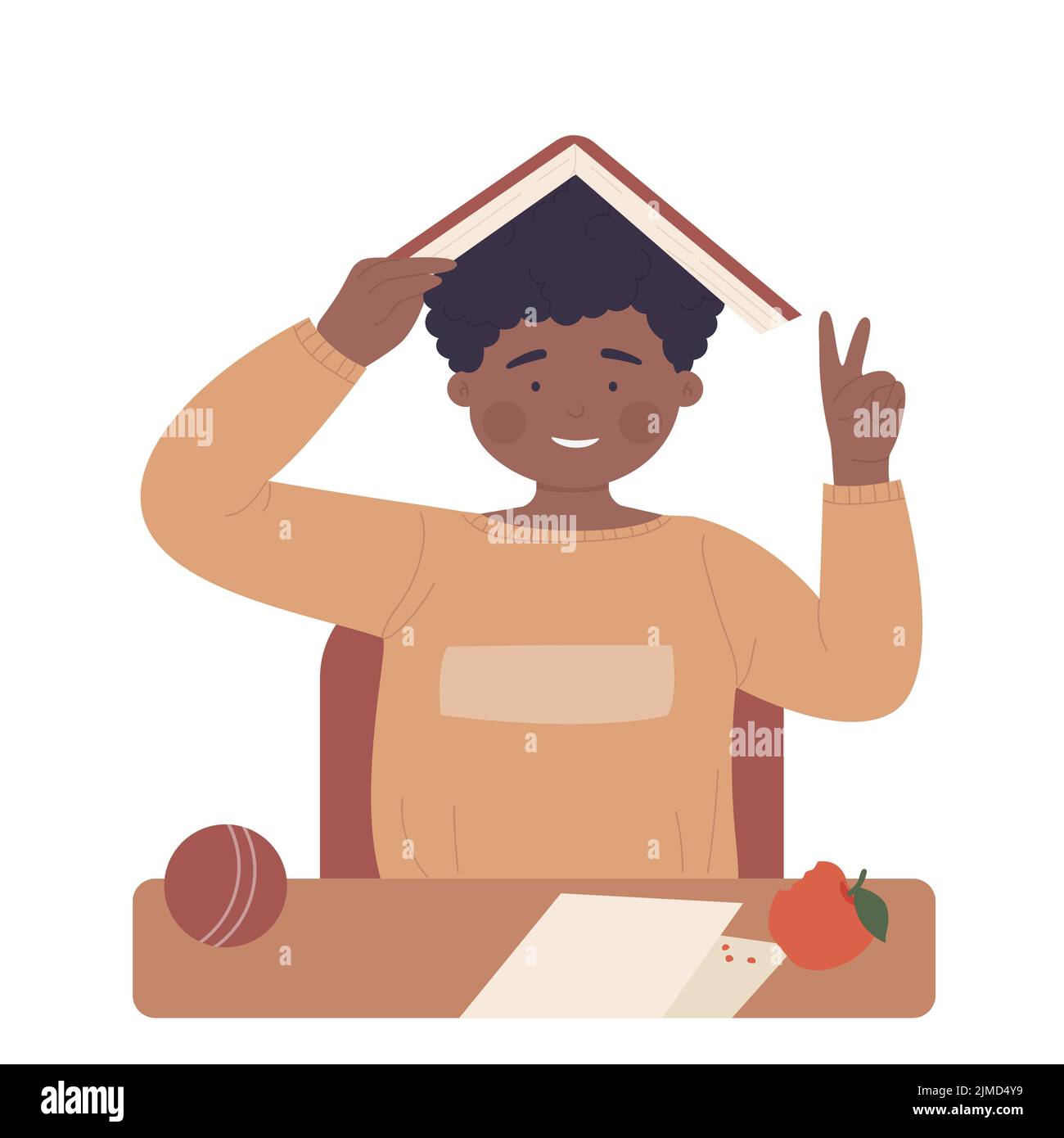 Little boy with book on head. Pupil having fun while studying vector ...
