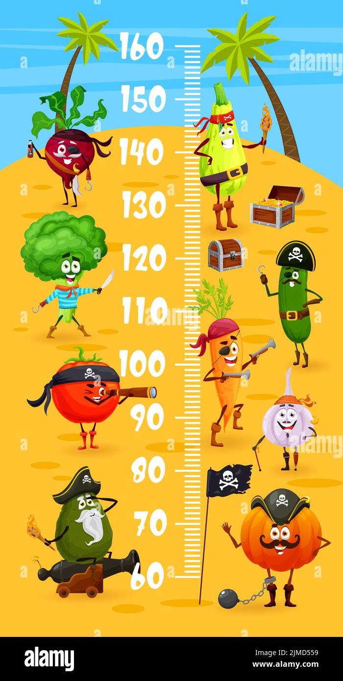 Kids height chart with cartoon vegetables pirates and corsairs, vector ...