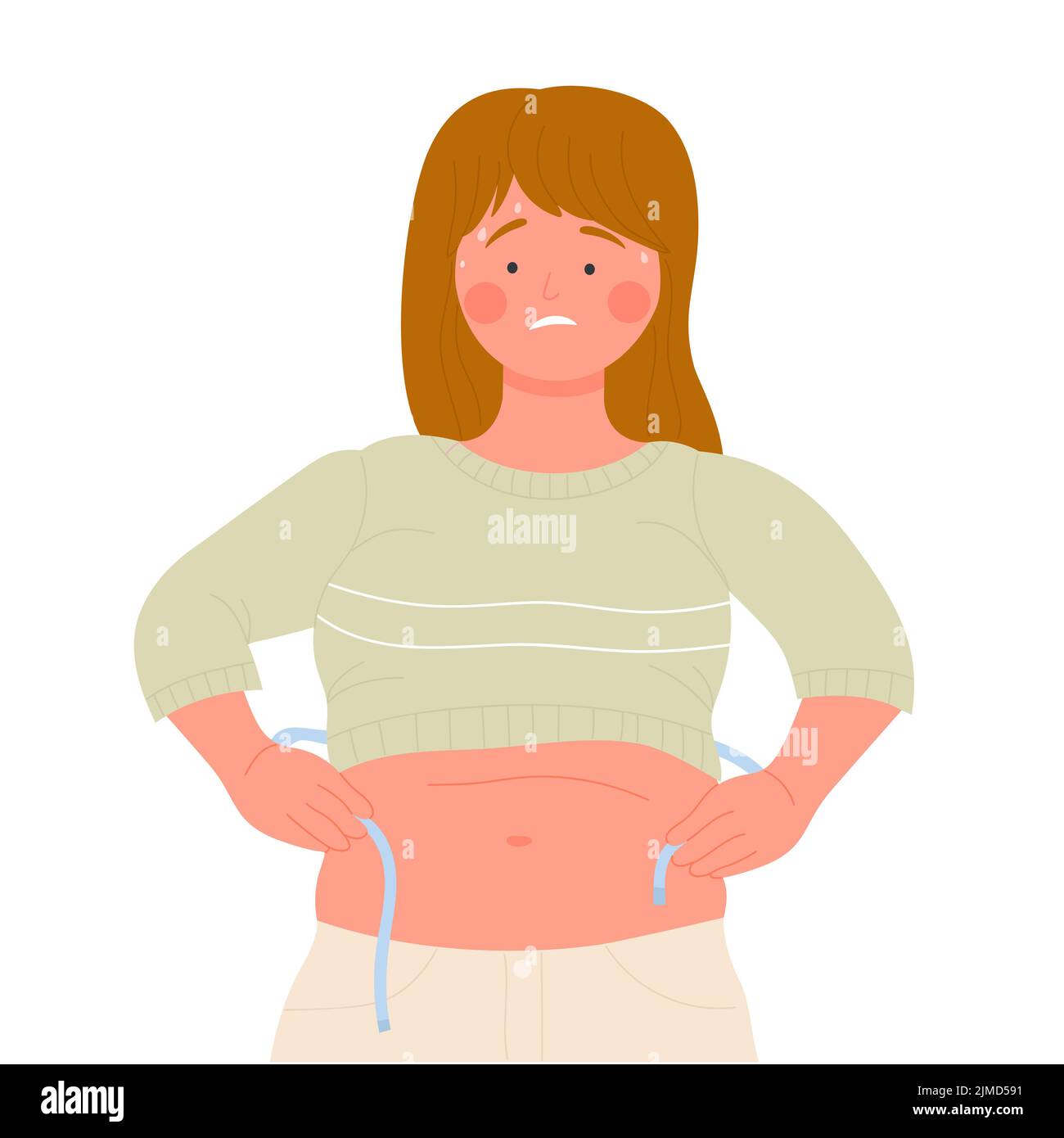 Fat worried girl with measure tape. Obese body, unhealthy lifestyle ...