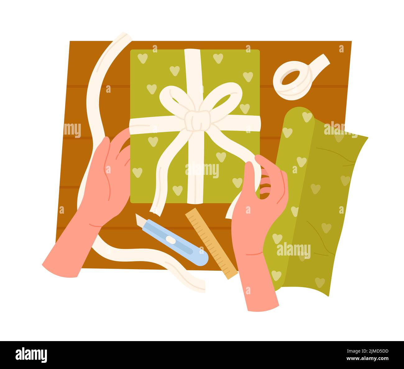 Hands wrapping the gift box. Handmade creative workshop vector ...