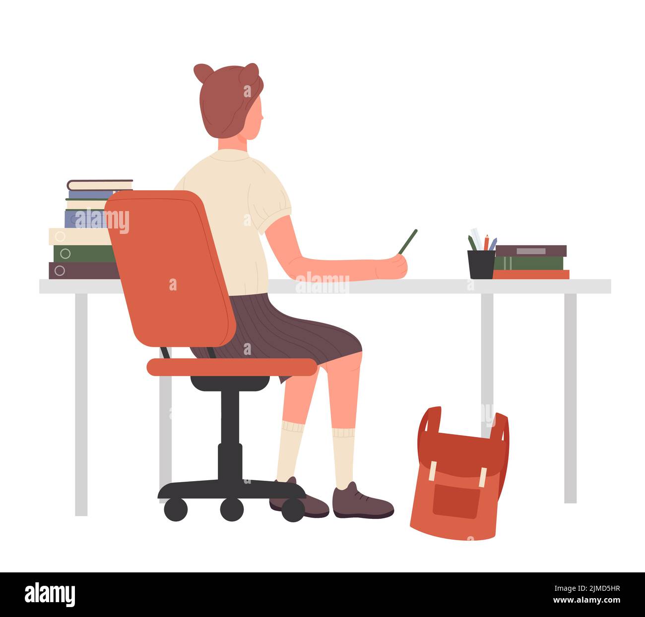 Back view of sitting nerd girl at school table. Studying and learning ...