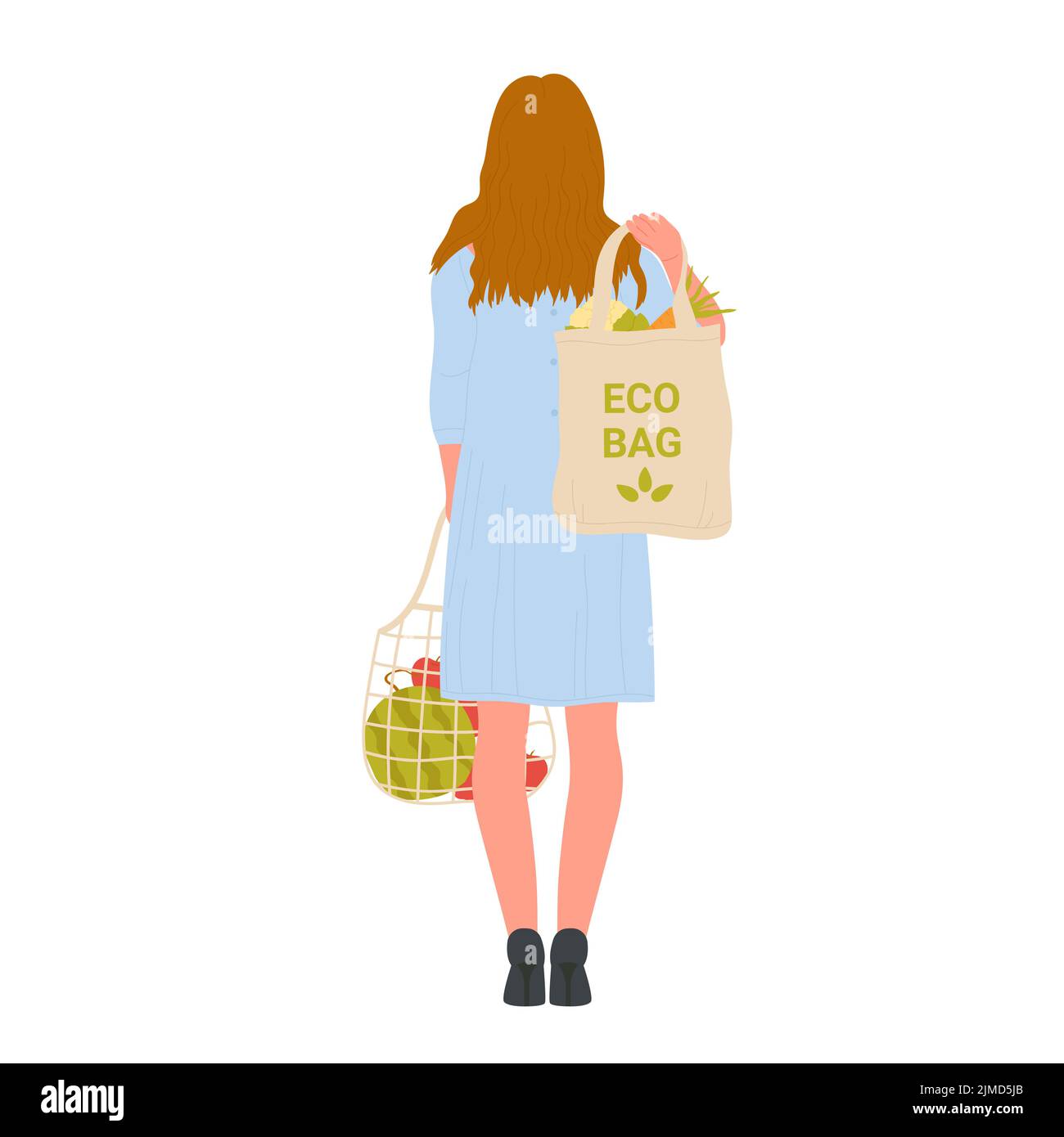 Lady using cotton bag and food mesh. Zero waste, eco friendly products ...