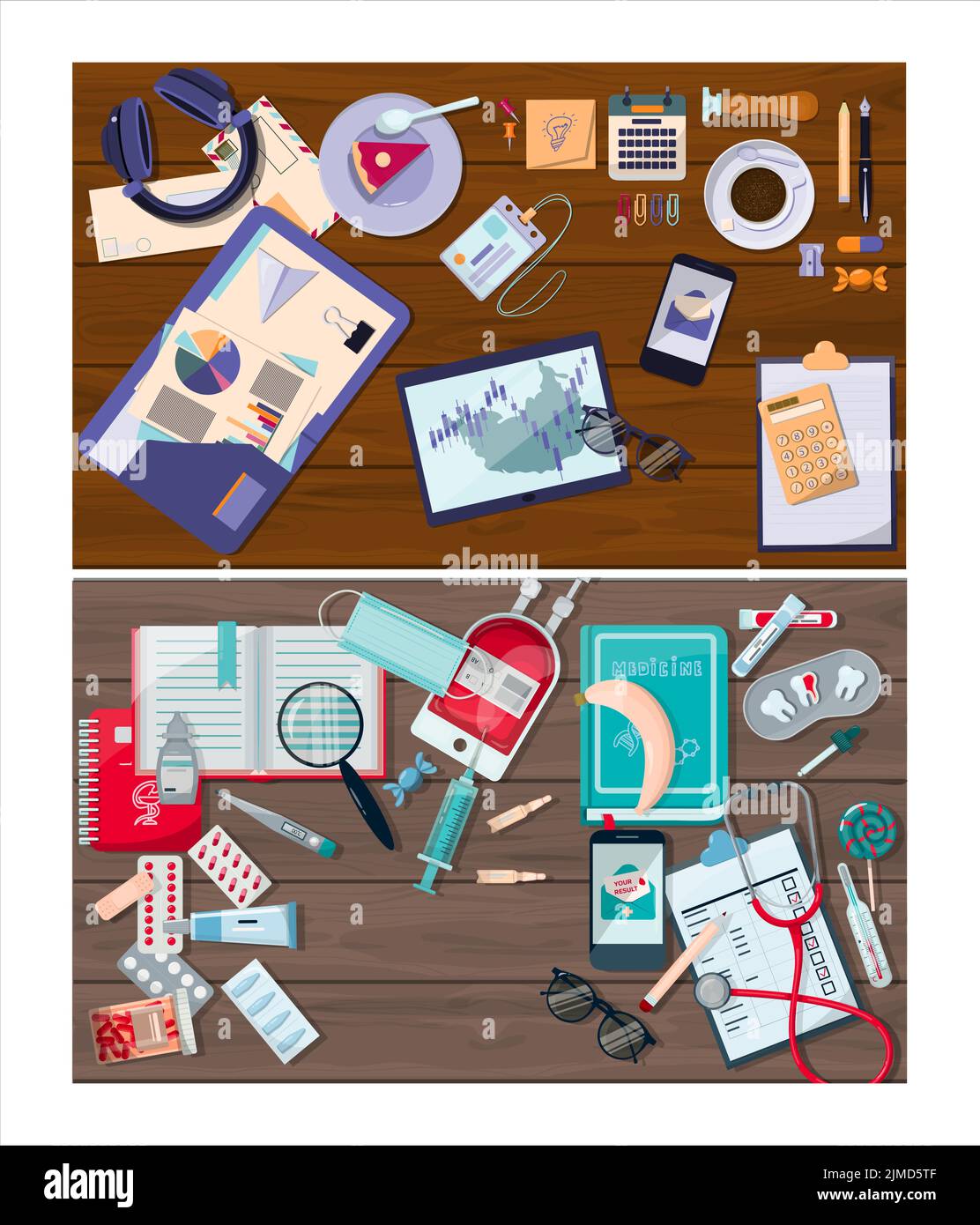 Vector tables with office and medical supplies. Pharmacy template for ...