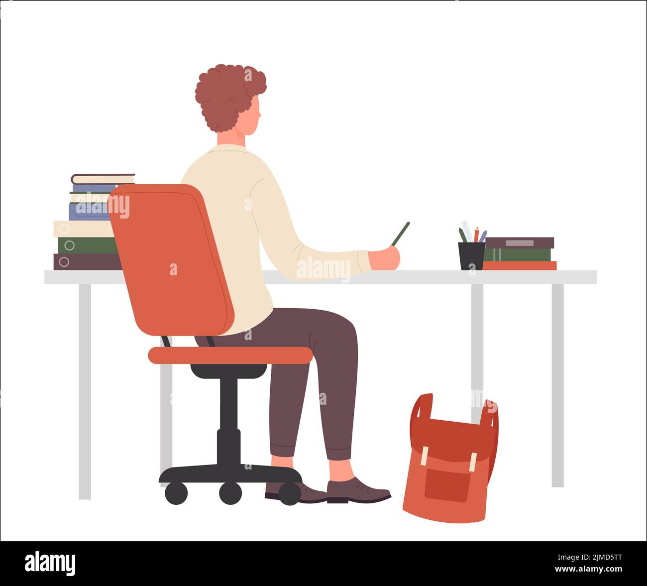 Back view of sitting nerd boy at table. Geeky student at school lesson ...