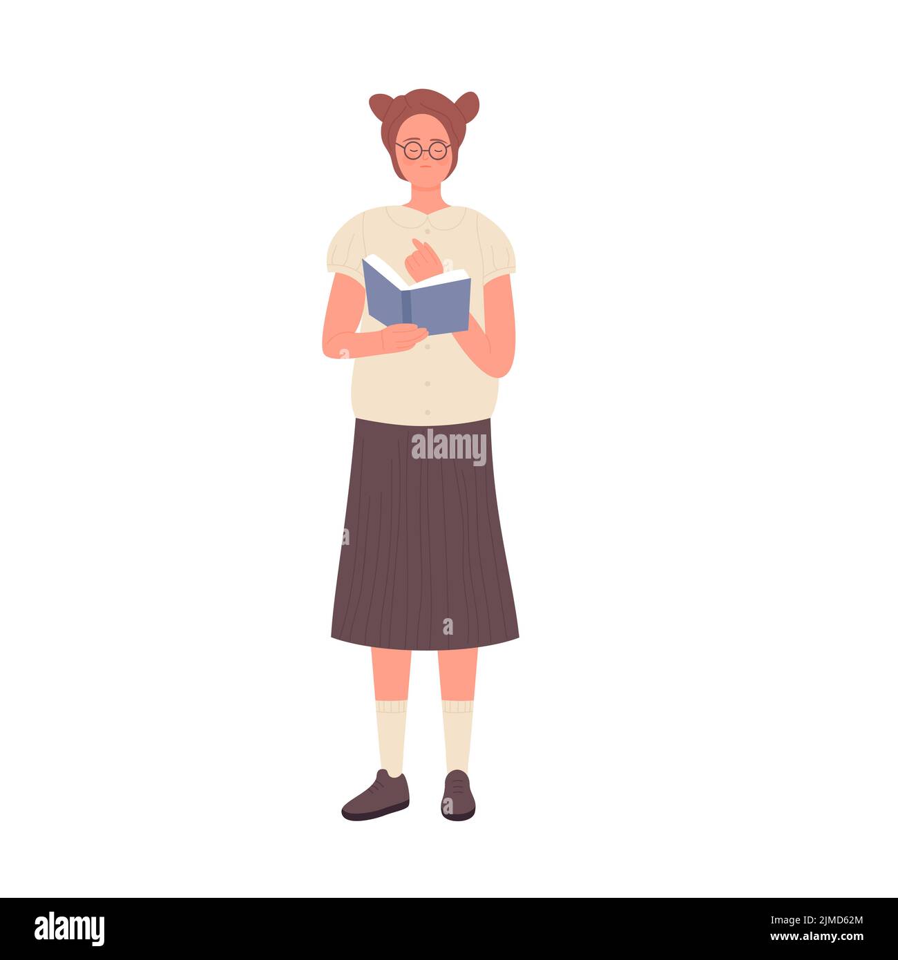Standing nerd girl with open book. Female geek student reading vector ...