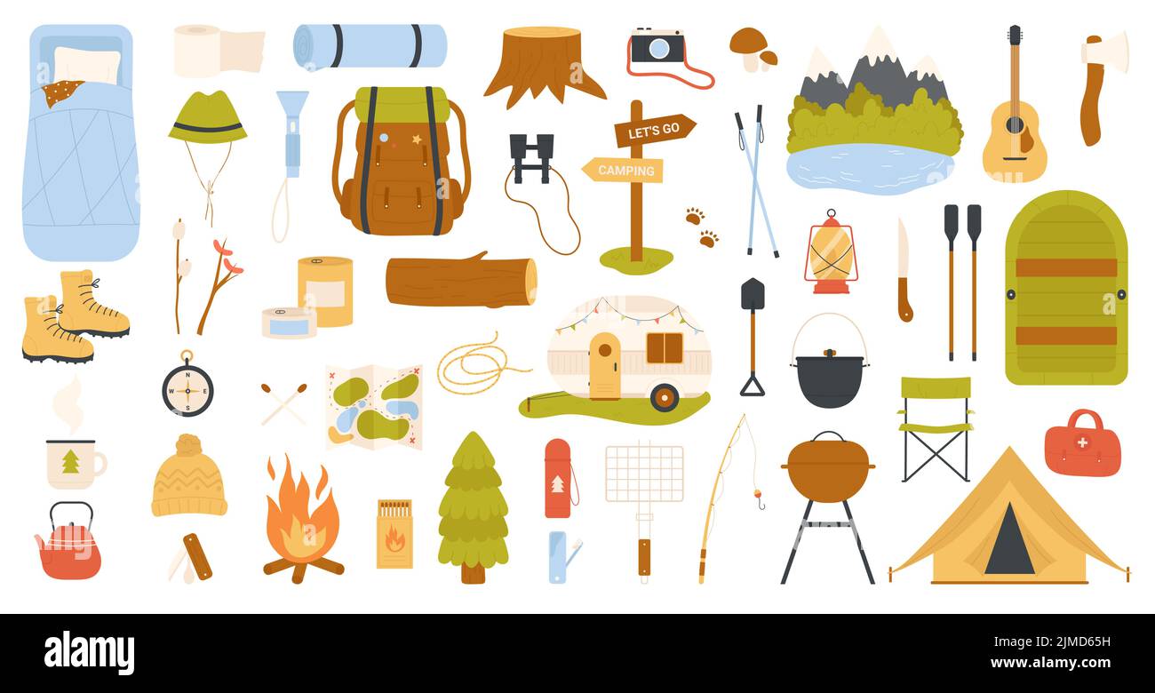 Summer camp tools and hiking gears for tourist set, travel scrapbook ...