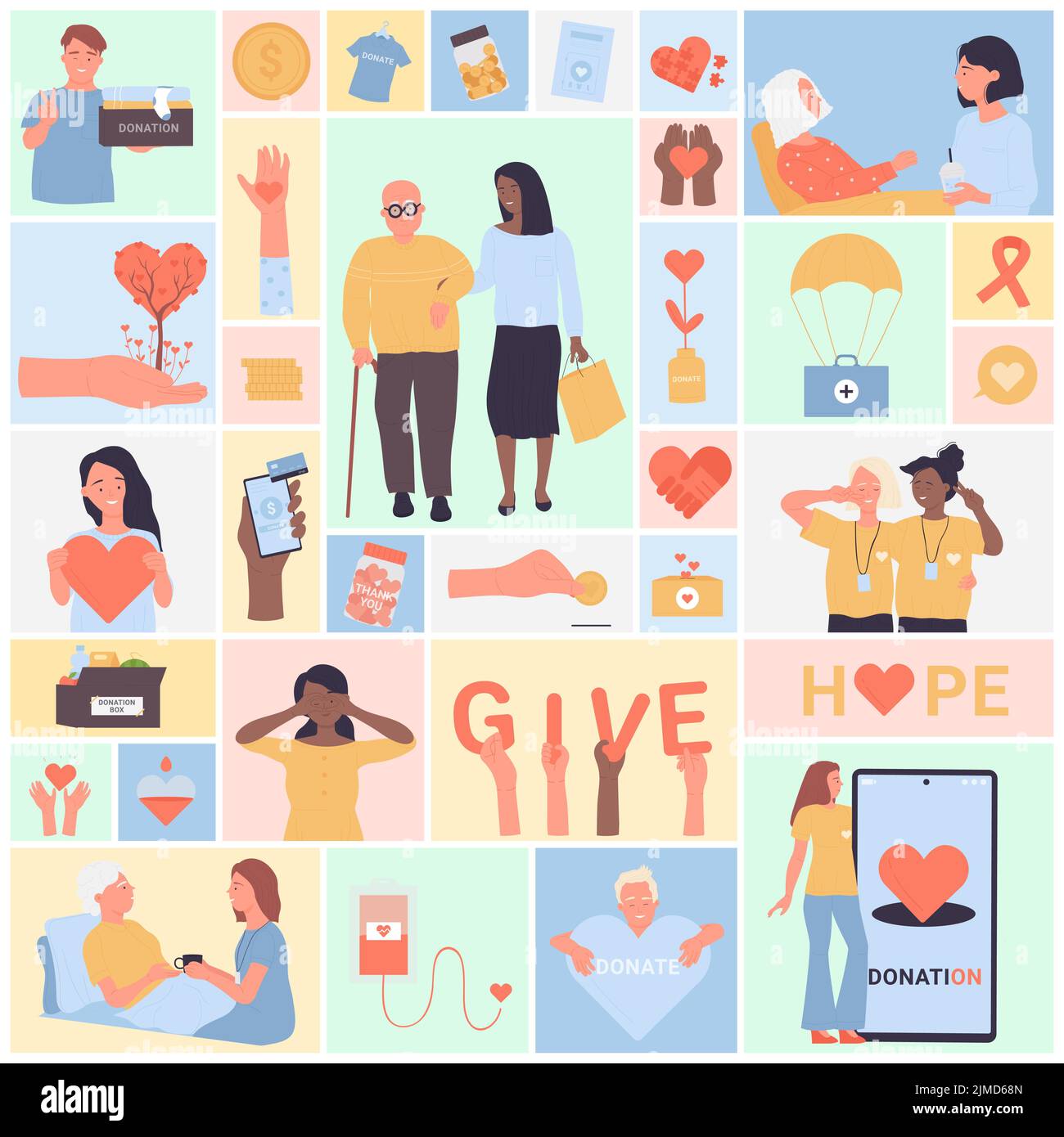 Donation and humanitarian aid from volunteers set vector illustration ...