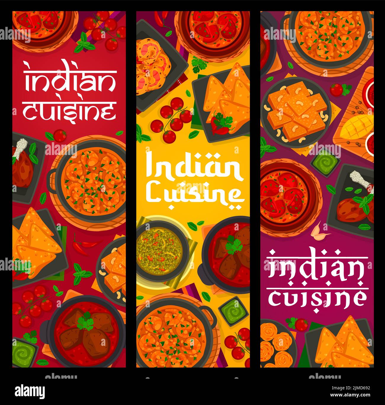 Indian cuisine food banners, vector mango and tomato chutney, prawn ...