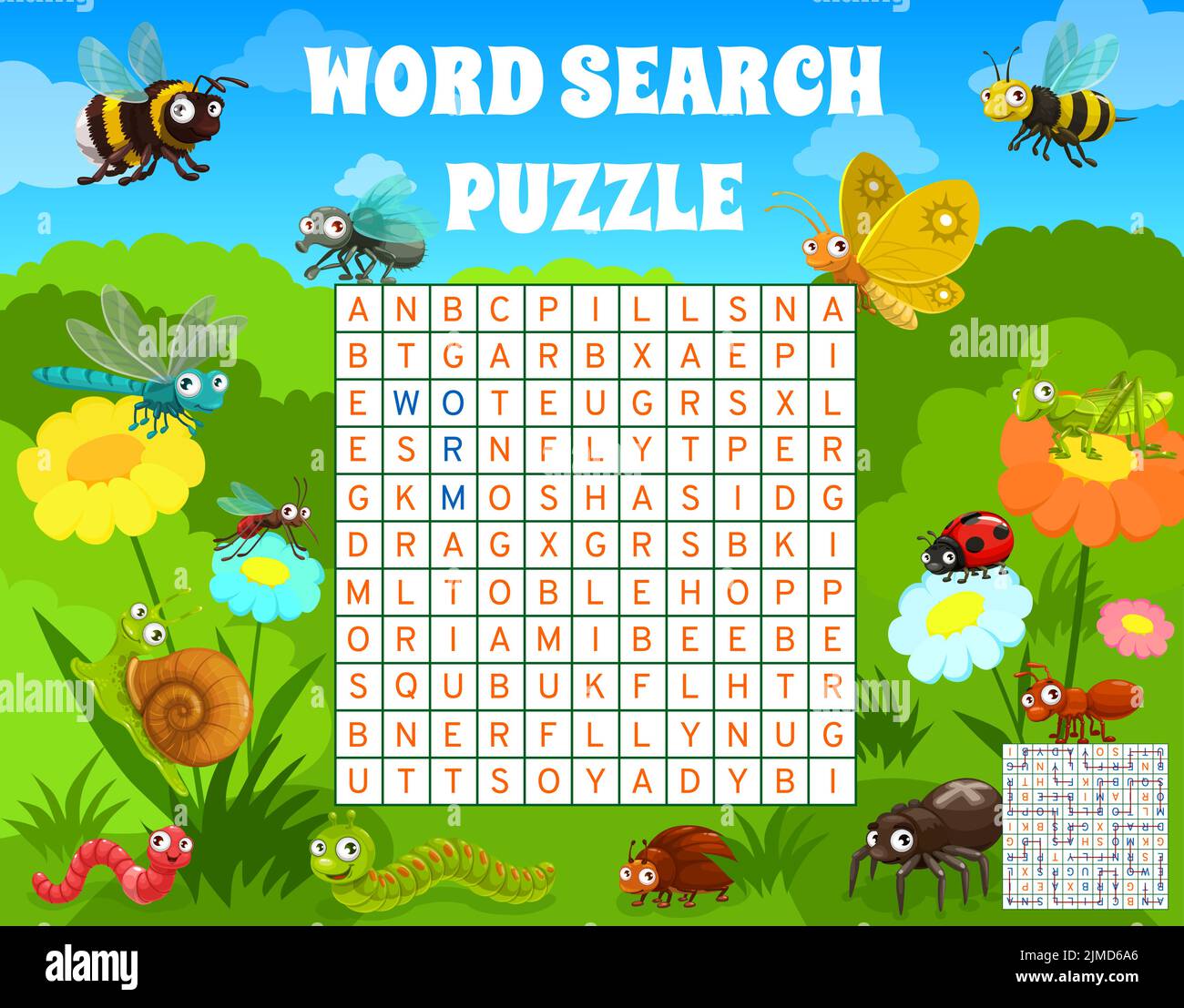 Cartoon funny insects on meadow, word search puzzle or quiz game ...
