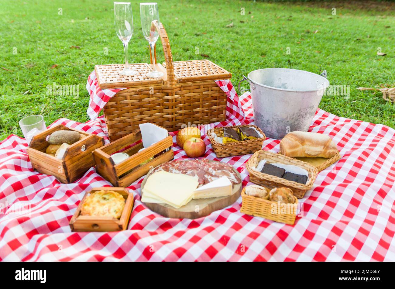 Great concept of pic-nic, pic-nic with fruits and juice on green lawn ...
