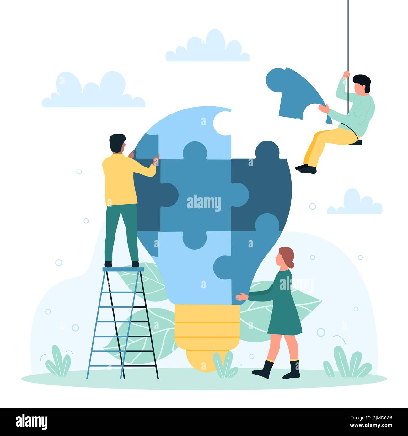 Business teamwork on creative light bulb puzzle vector illustration ...