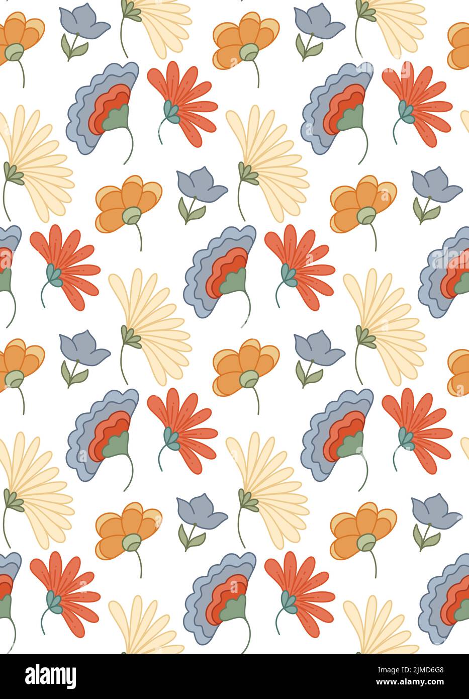 Vector seamless pattern with groovy flowers and stems on white ...