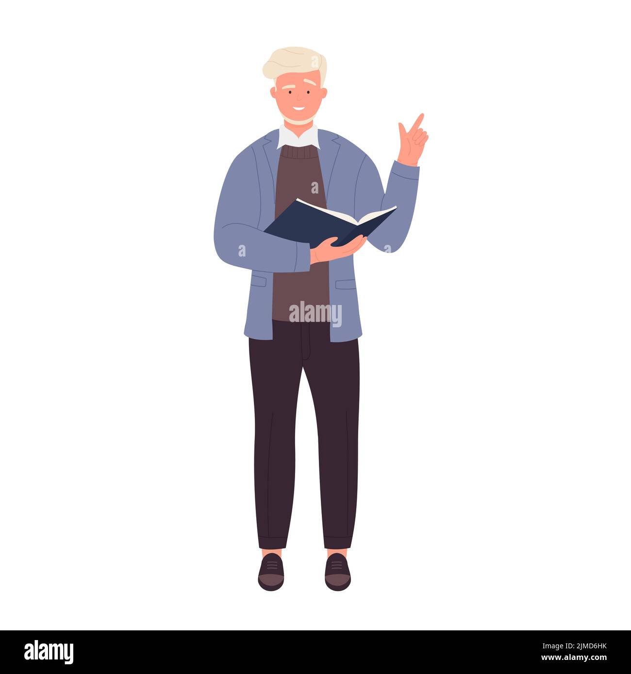 Explaining man teacher with book. Reading school professor vector ...