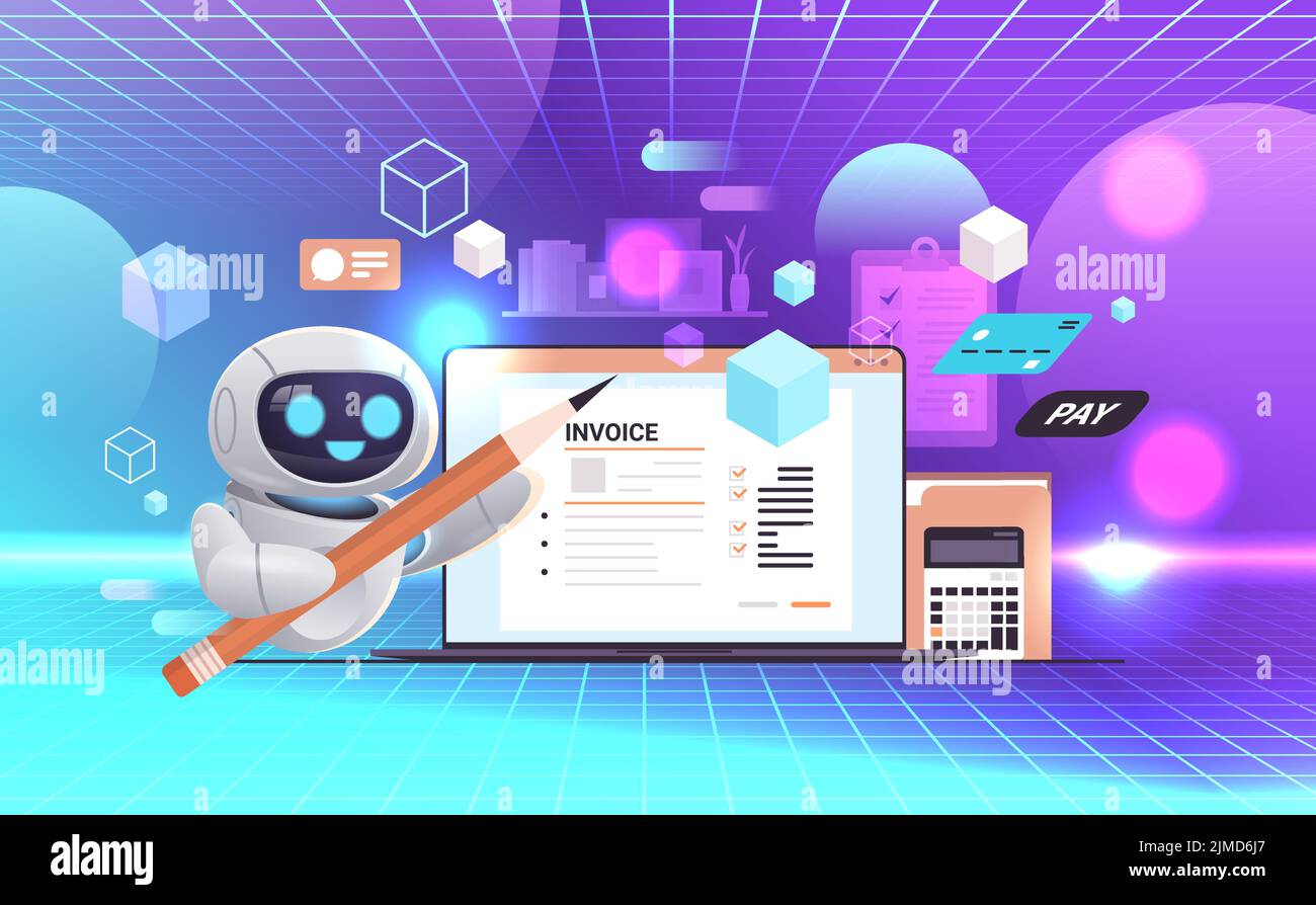 robot calculating invoice on laptop screen accounting bookkeeper clerk ...