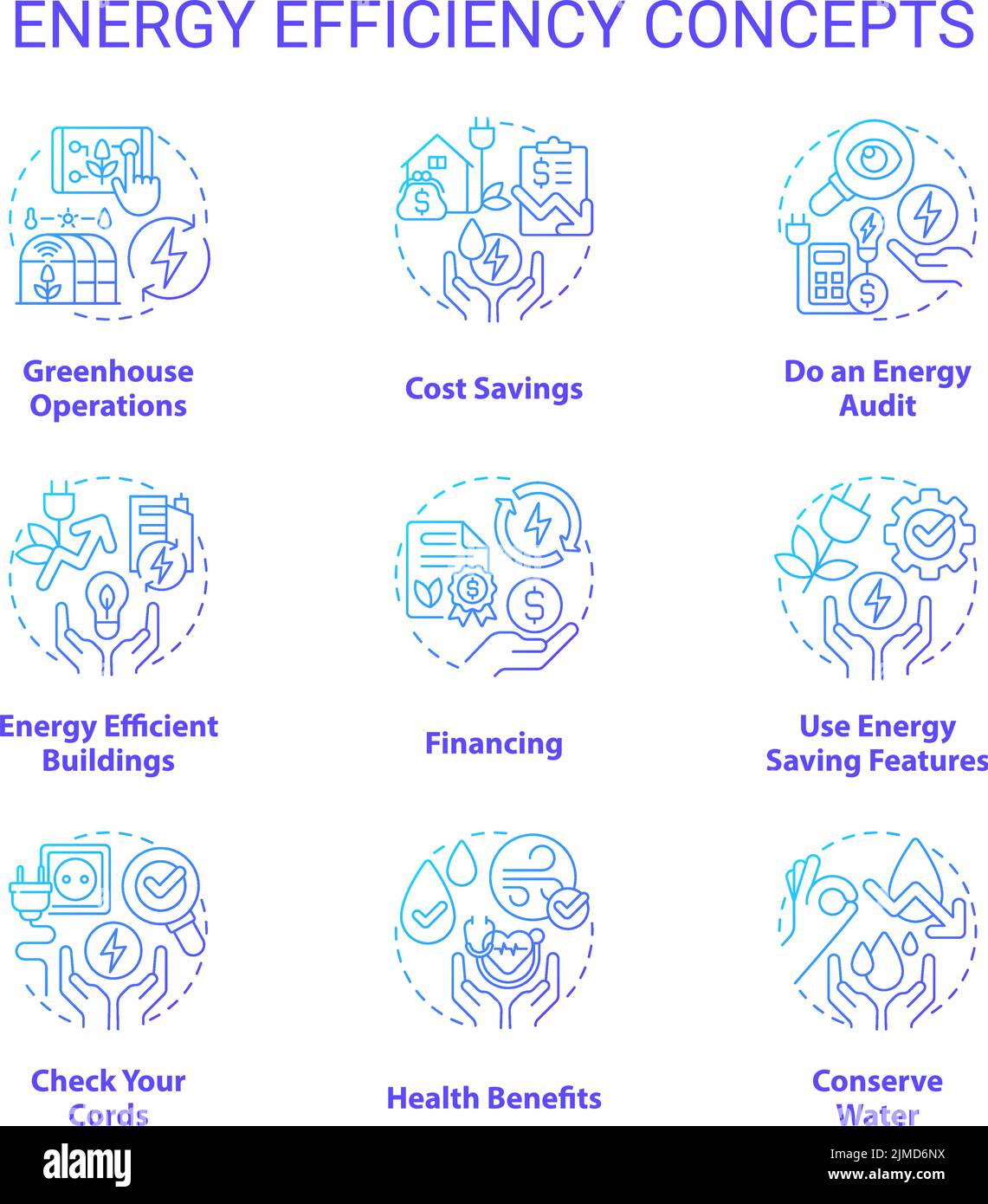 Energy efficiency blue gradient concept icons set Stock Vector Image ...