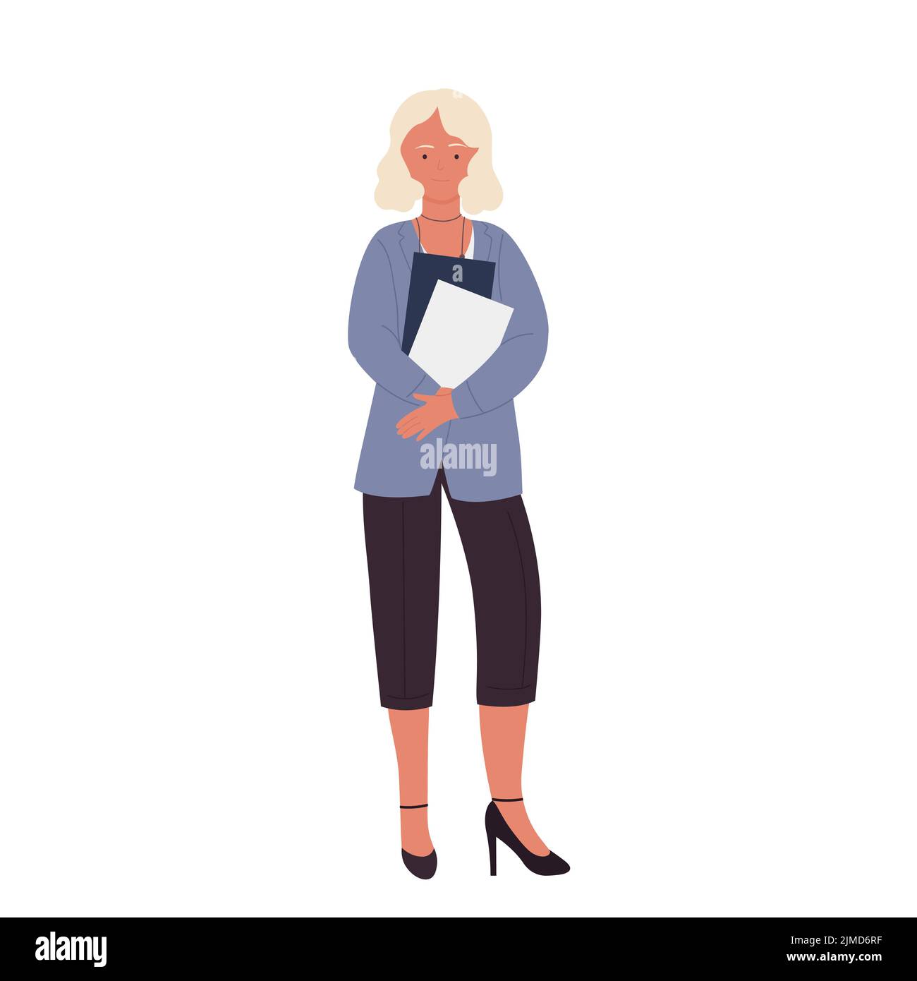 Posing female teacher with lesson materials. University woman professor ...