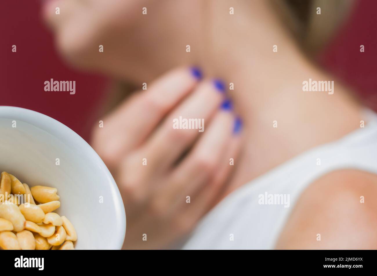 Great concept of allergy and skin diseases, young woman scratching ...