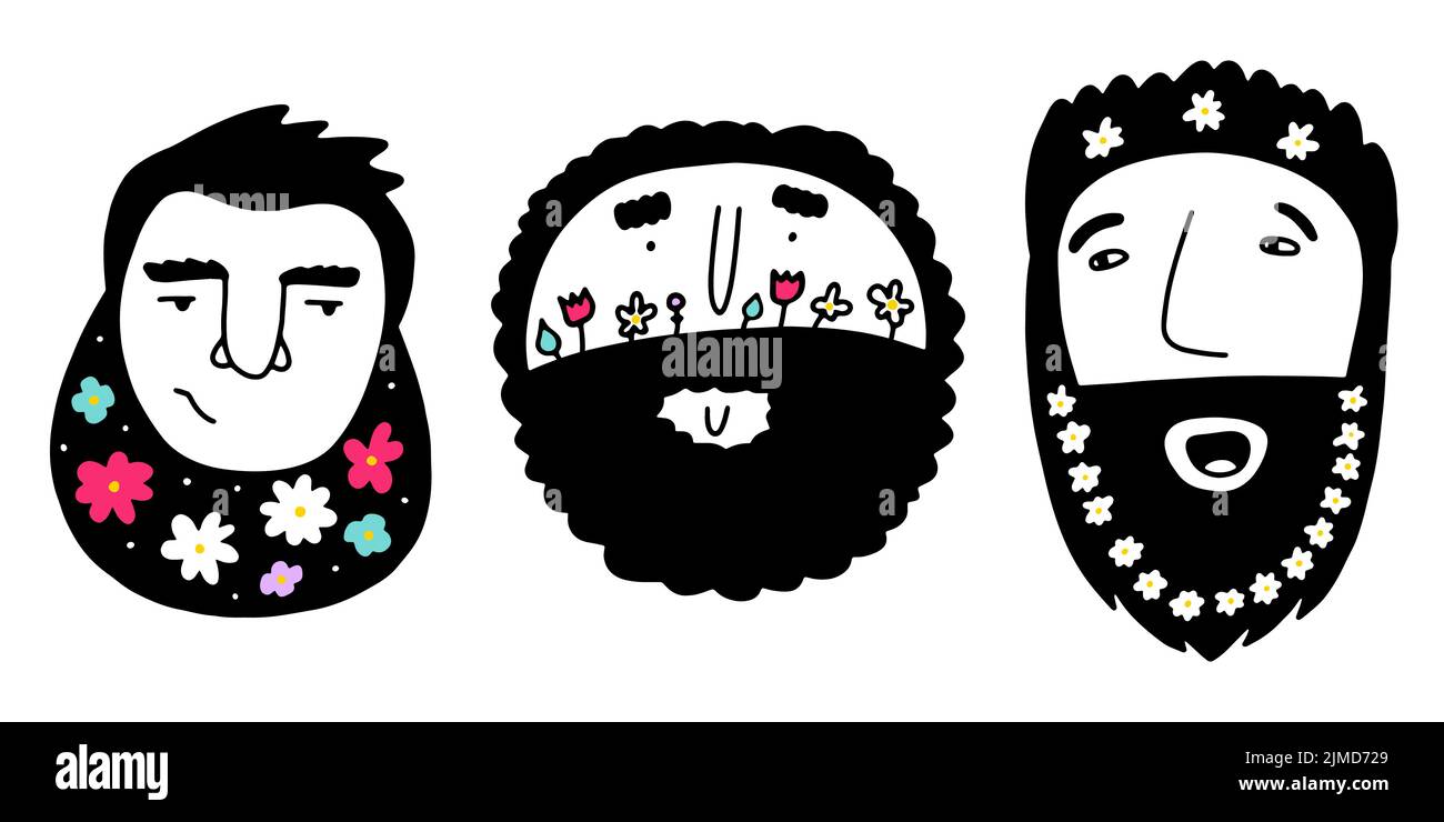 Doodle male faces with color flowers in beards, hair set. Hand-drawn ...