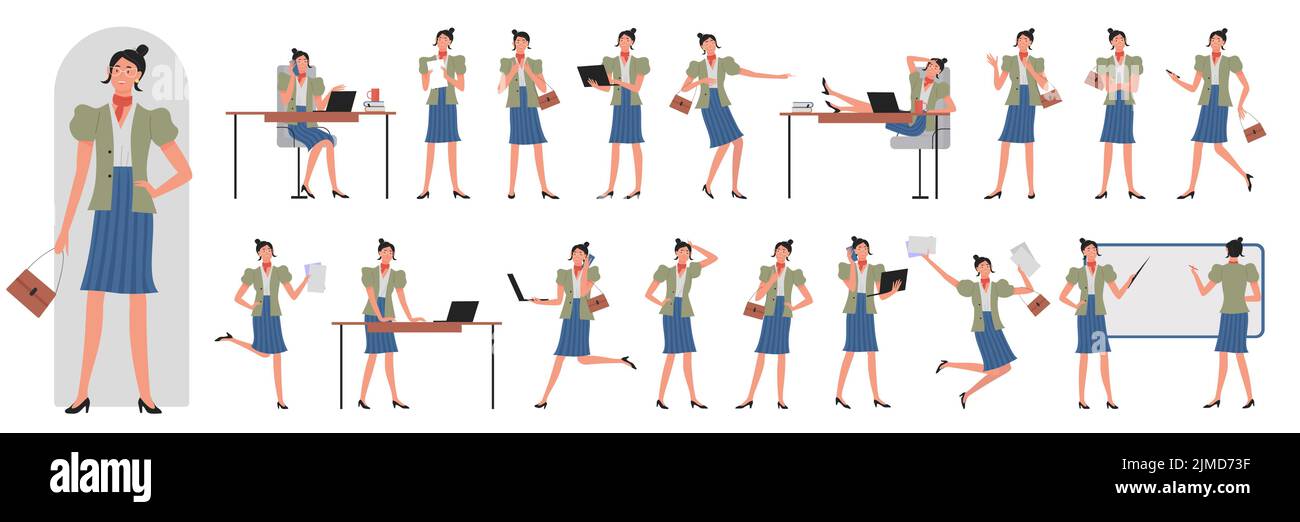 Busy business lady character in different situations and postures set ...