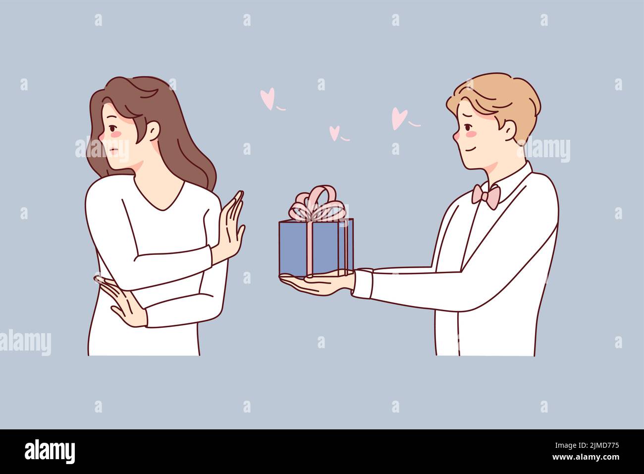 Young woman reject loving man making present. Female say no to guy in ...
