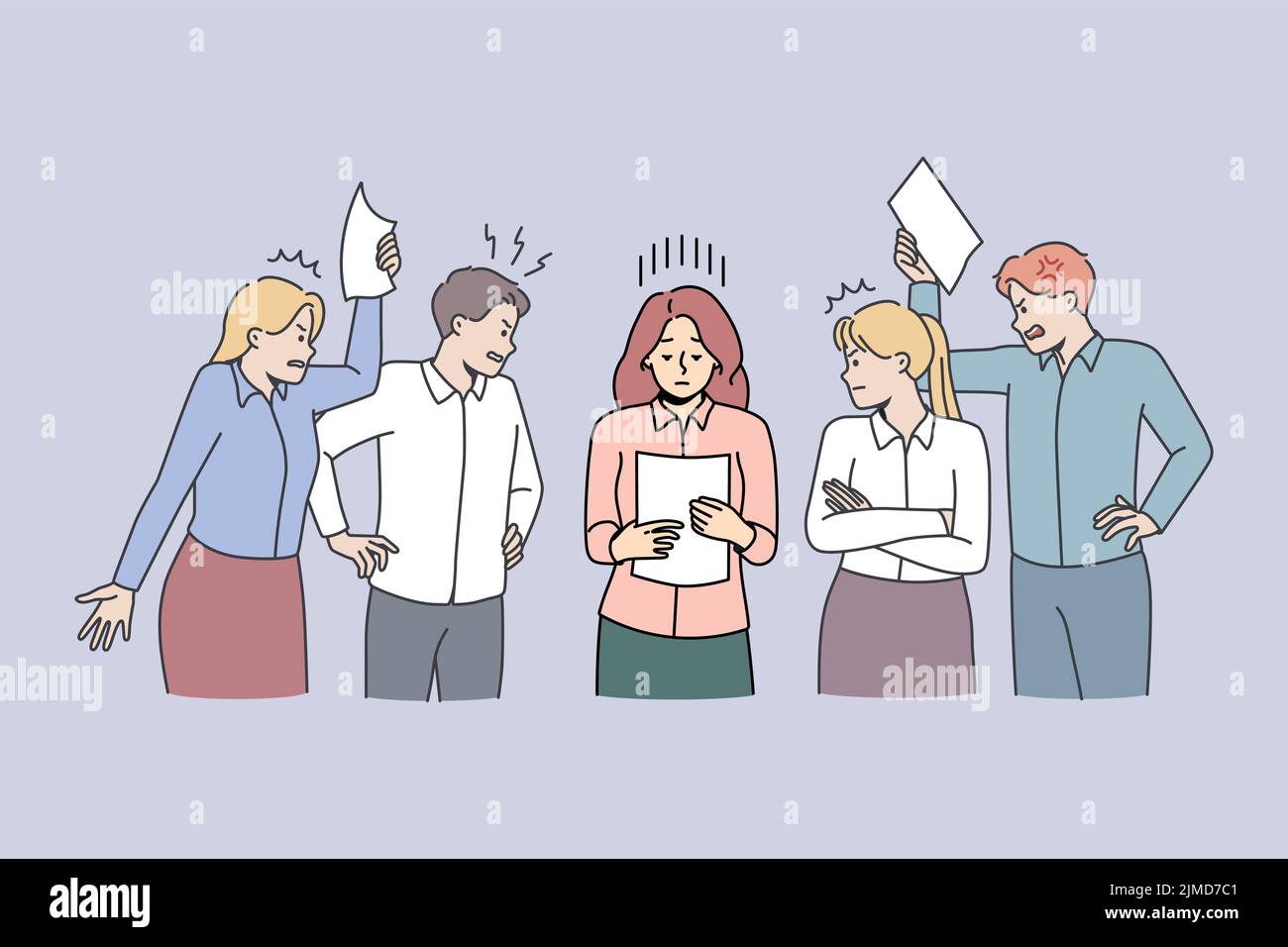 Stressed exhausted businesswoman among unhappy demanding colleagues in ...