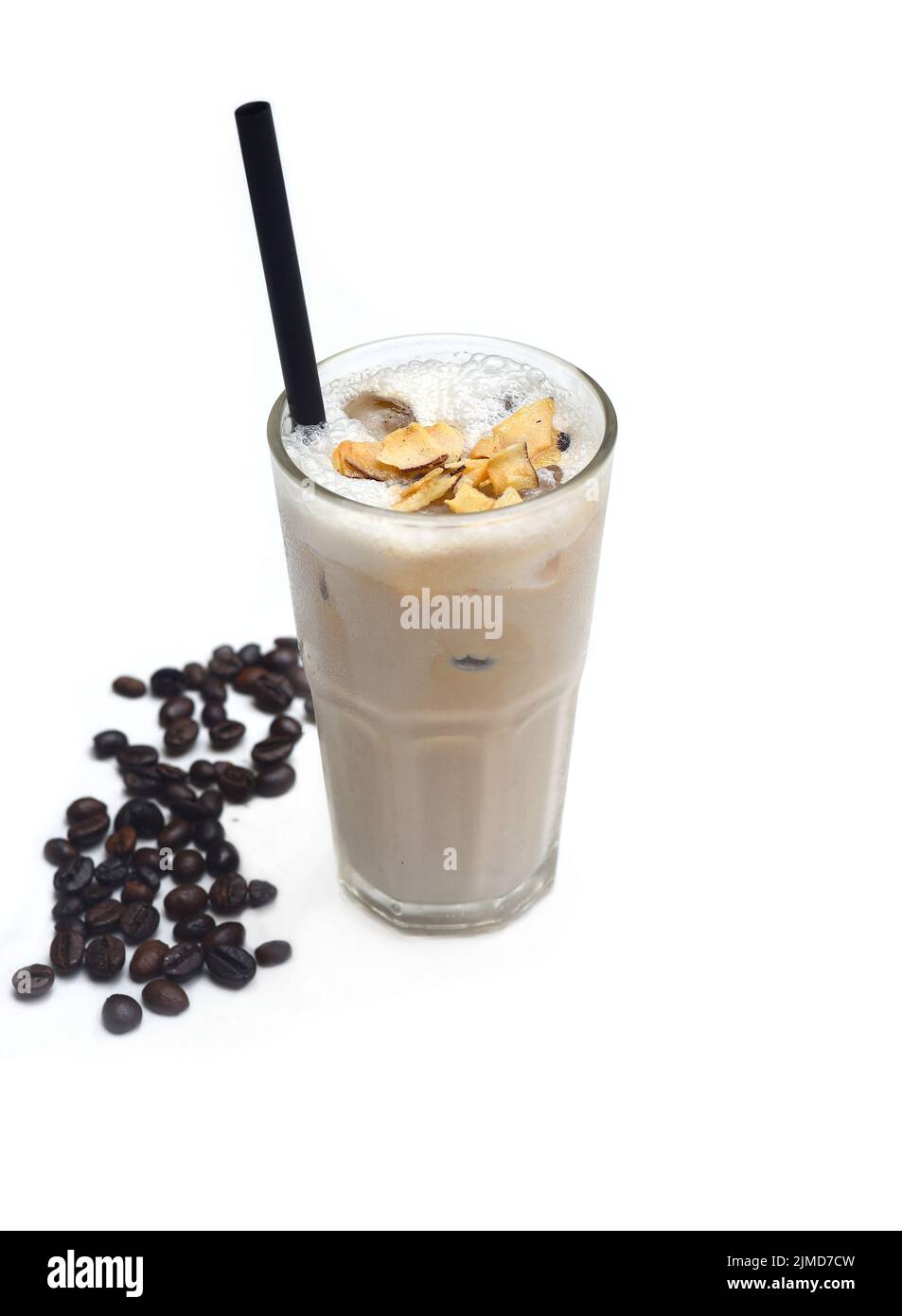 Coffee milk shake with burnt coconut and coffee beans isolated on white ...