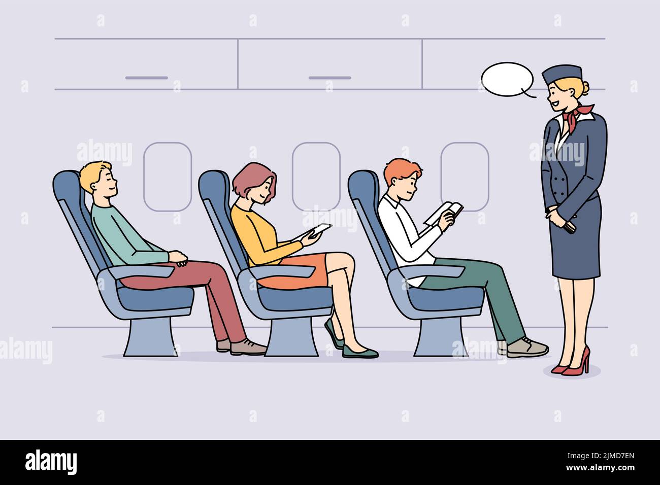 Stewardess talking with passengers on plane. Aircraft staff serving ...