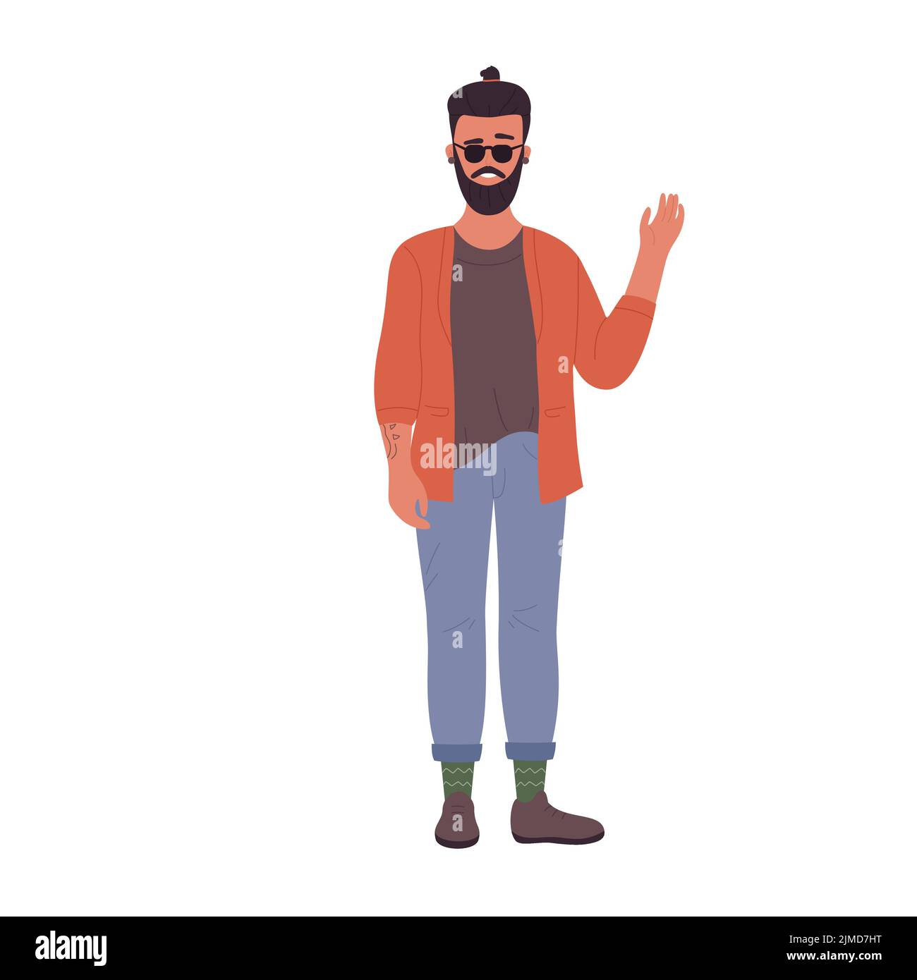Hipster man showing hello. Cool handsome man greeting with hand up ...