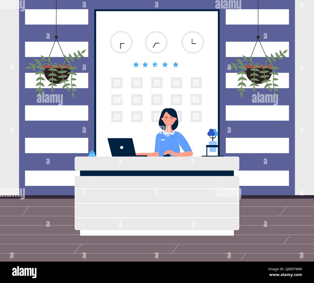 Hotel reception interior with female receptionist waiting for guests ...