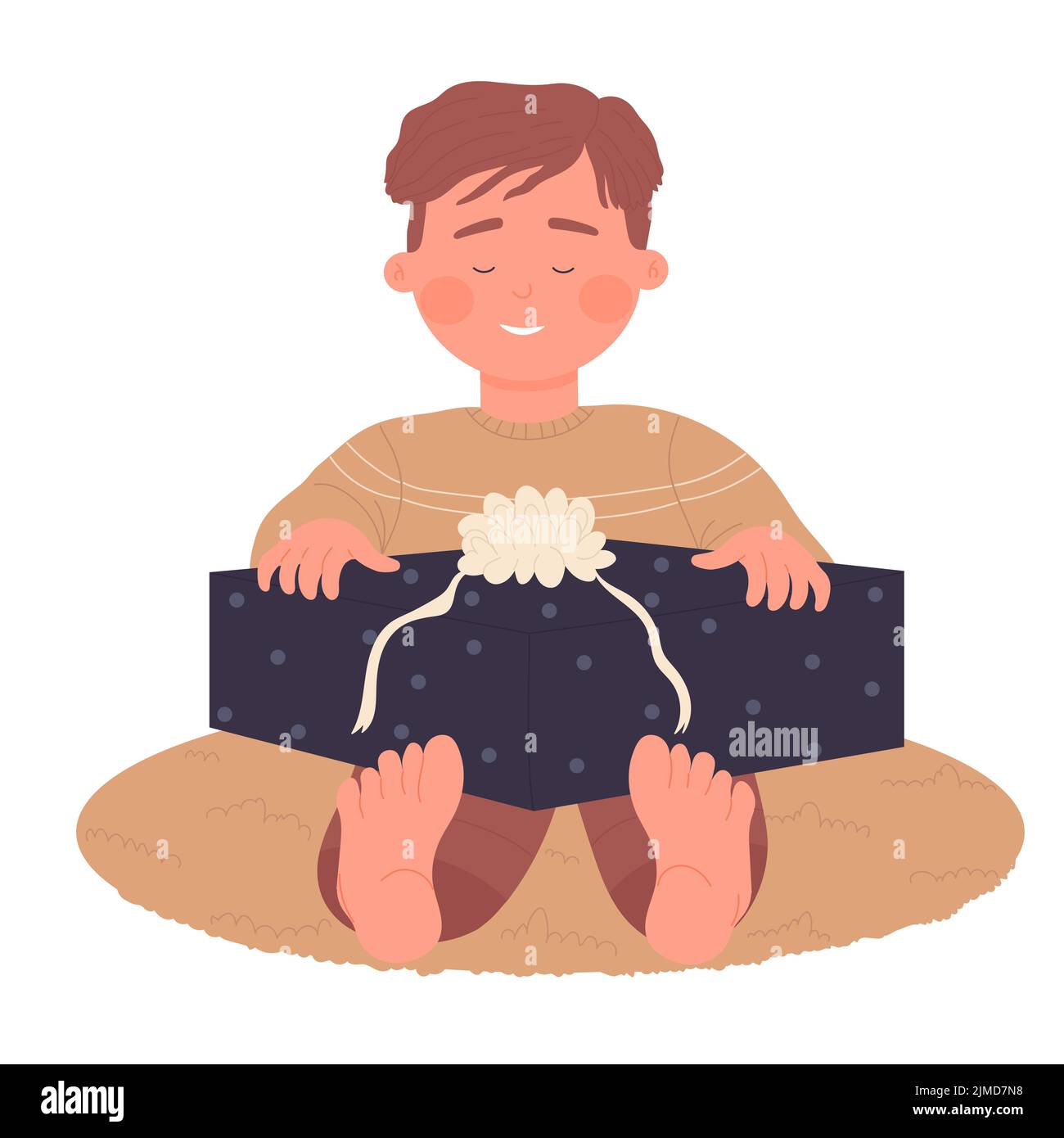 Cheerful boy opening present. Kid unwrapping surprise gift vector ...