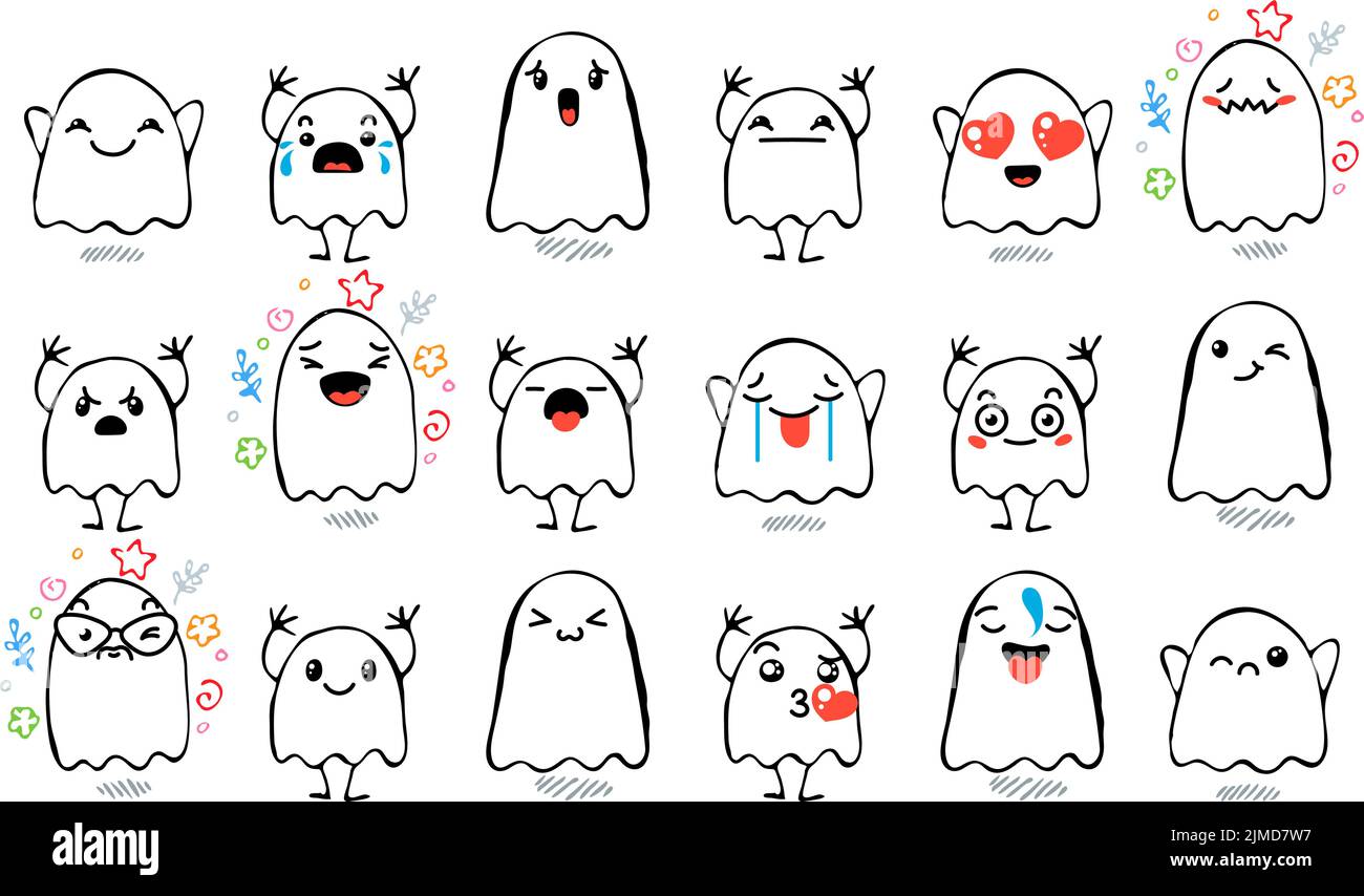Set of Various Cartoon Ghosts with Emoticons. Doodle ghouls, eyes and ...