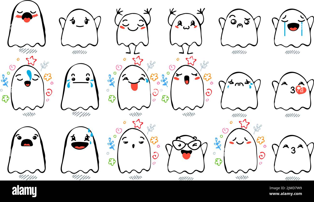 Set of Various Cartoon Ghosts with Emoticons. Doodle ghouls, eyes and ...