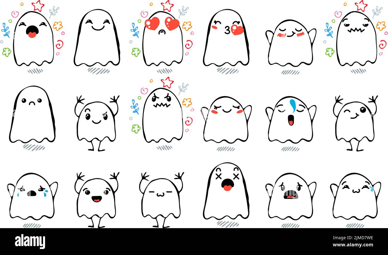 Set of Various Cartoon Ghosts with Emoticons. Doodle ghouls, eyes and ...