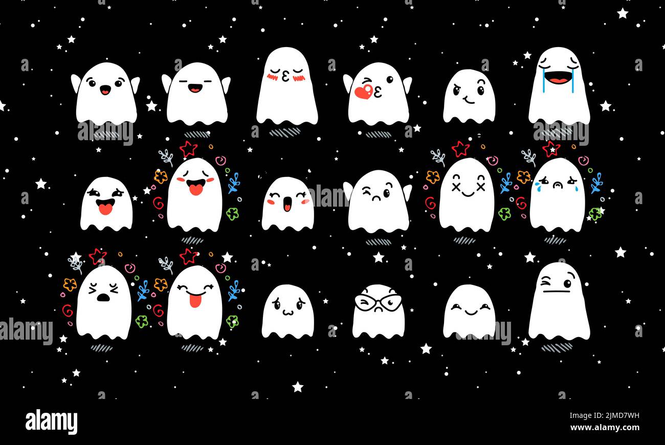 Set of Various Cartoon Ghosts with Emoticons. Doodle ghouls, eyes and ...