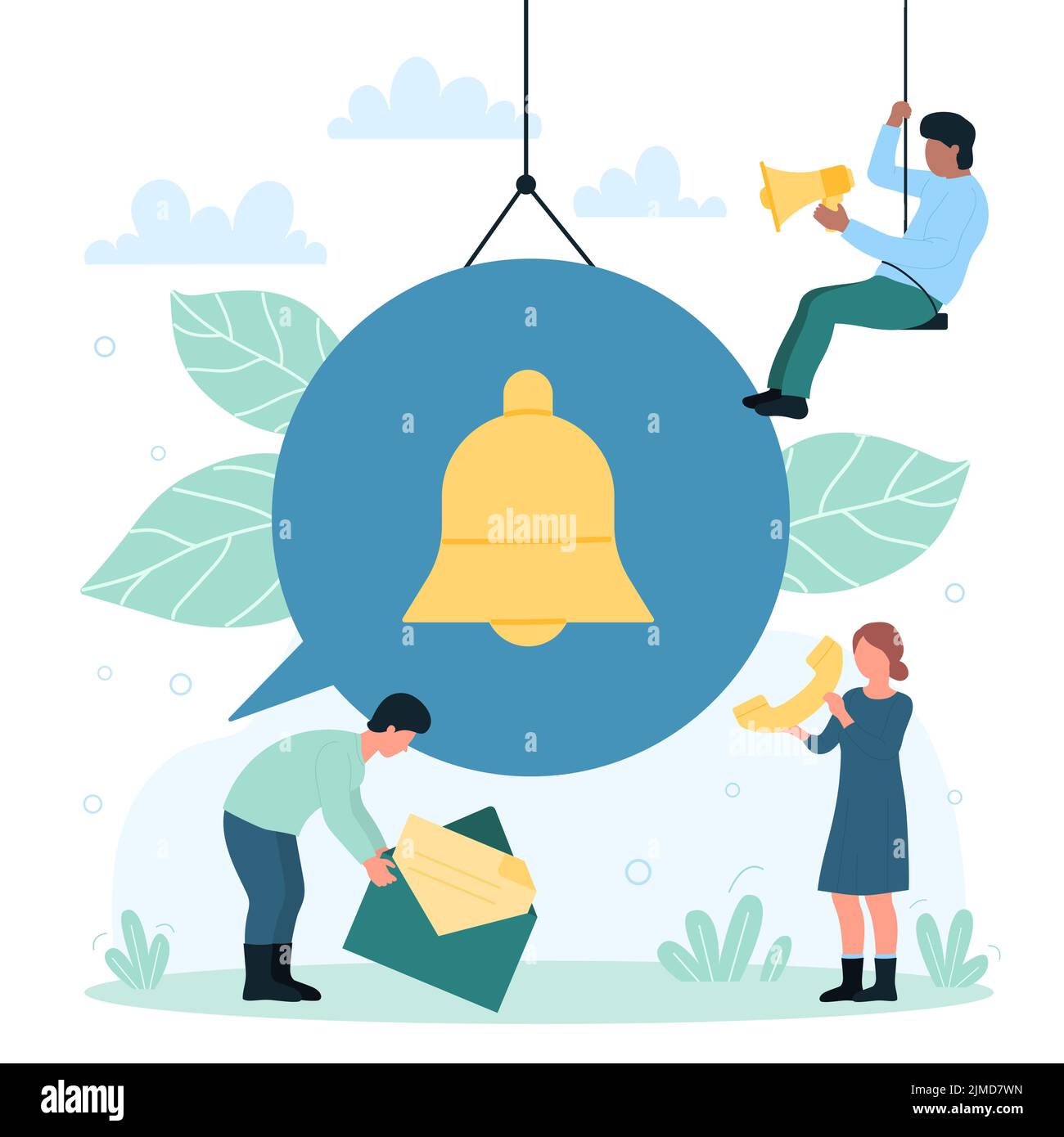 Incoming notification messages in mobile apps and tiny people. Cartoon ...