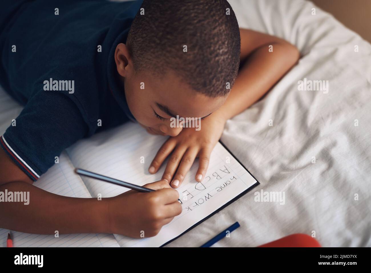 I think that doing homework is fun. a young boy using a pencil while ...