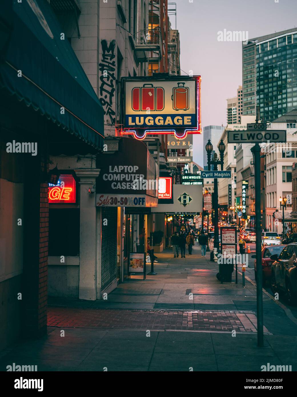 Vintage luggage store sign at night, near Union Square, San Francisco ...