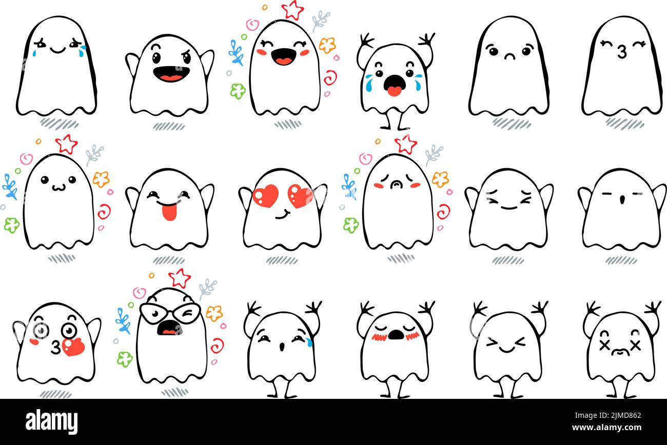 Set of Various Cartoon Ghosts with Emoticons. Doodle ghouls, eyes and ...