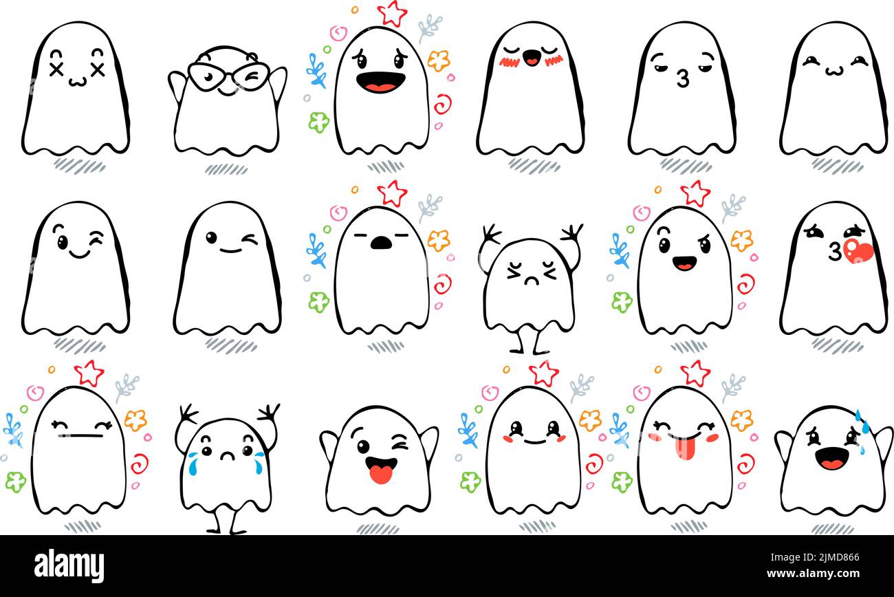 Set of Various Cartoon Ghosts with Emoticons. Doodle ghouls, eyes and ...