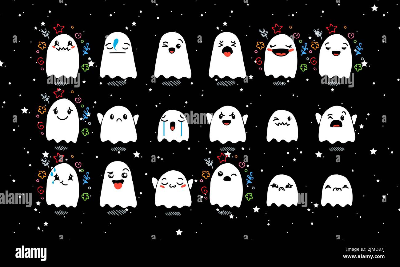Set of Various Cartoon Ghosts with Emoticons. Doodle ghouls, eyes and ...